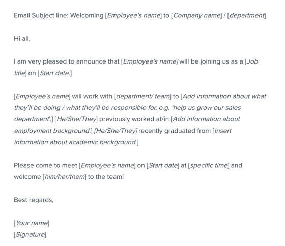 New Employee Announcement Email Template