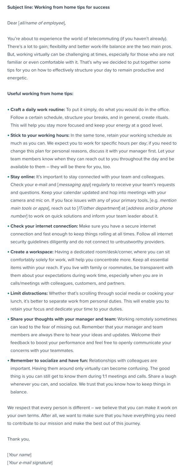 Working from home (WFH) tips email template [inc. checklist] - Workable