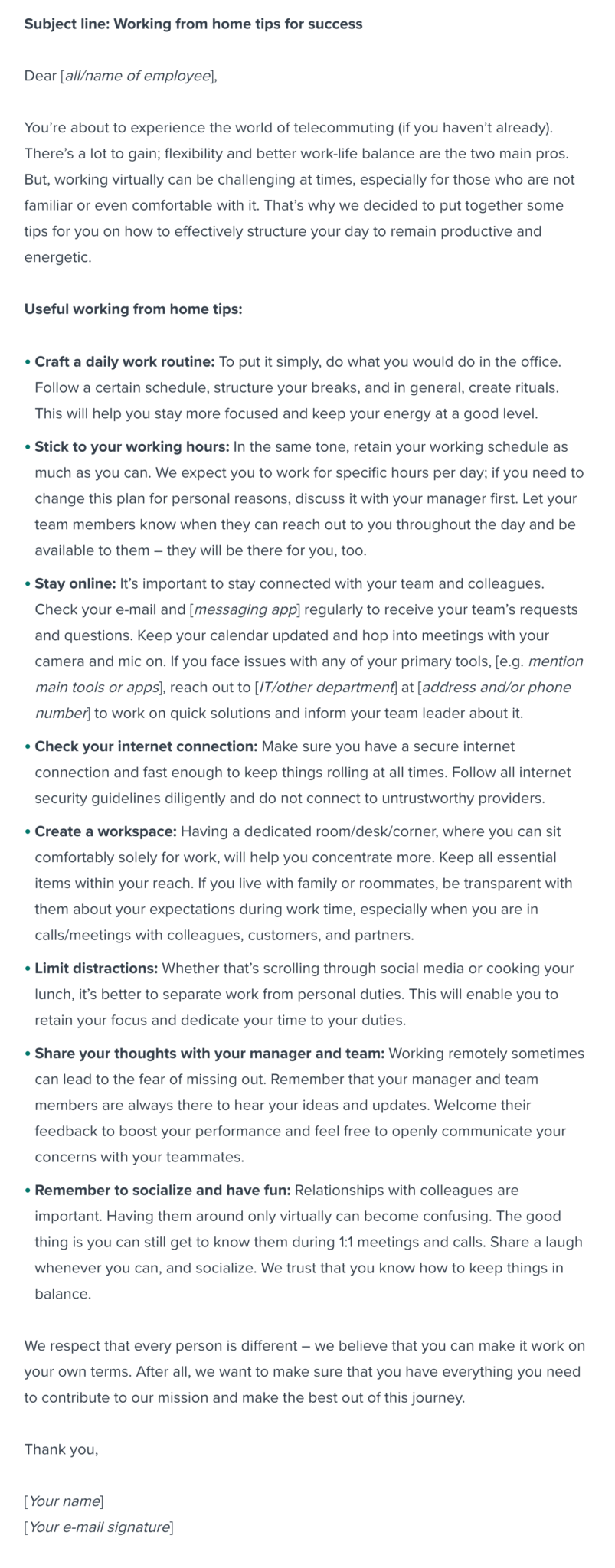 Working from home (WFH) tips email template [inc. checklist] - Workable